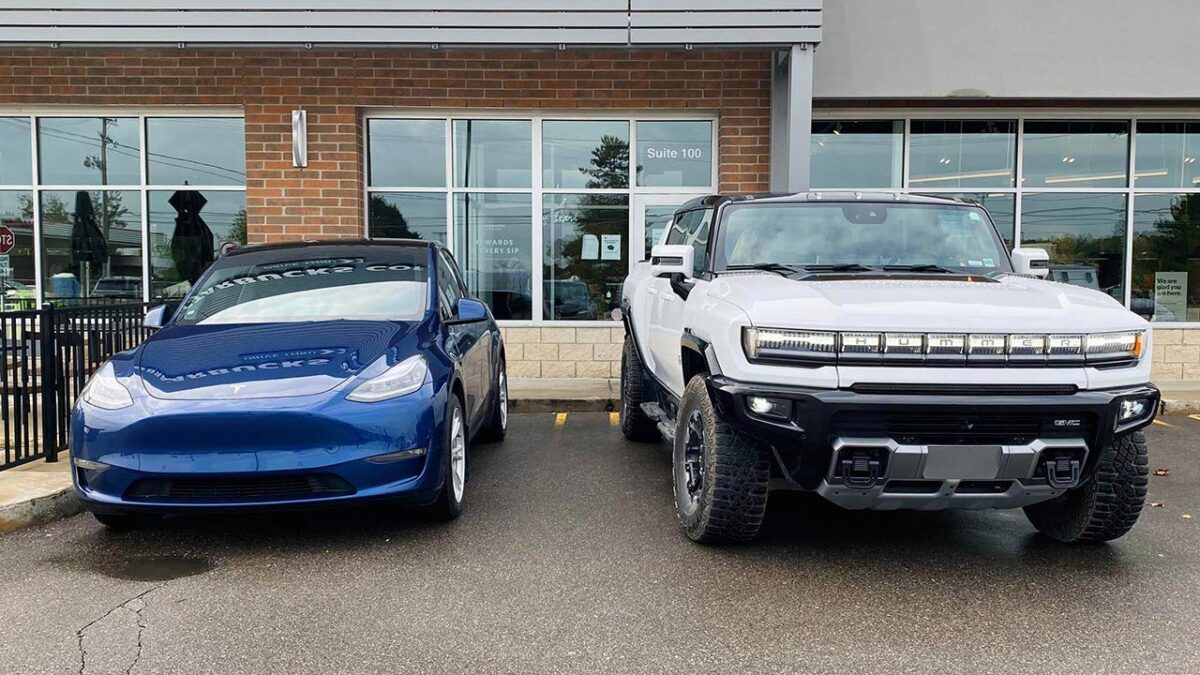 GMC Hummer EV looks massive when parked beside a Tesla Model Y - Tesla ...