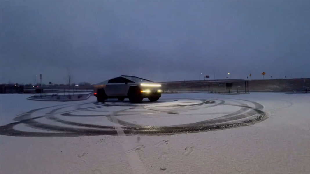 Watch the Cybertruck drifting and making donuts on a snowy surface ...