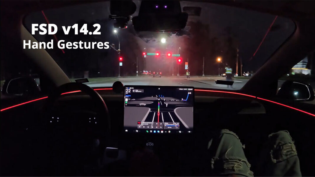 Tesla FSD v14.2.1 recognizes hand gestures and proceeds a red light and ...
